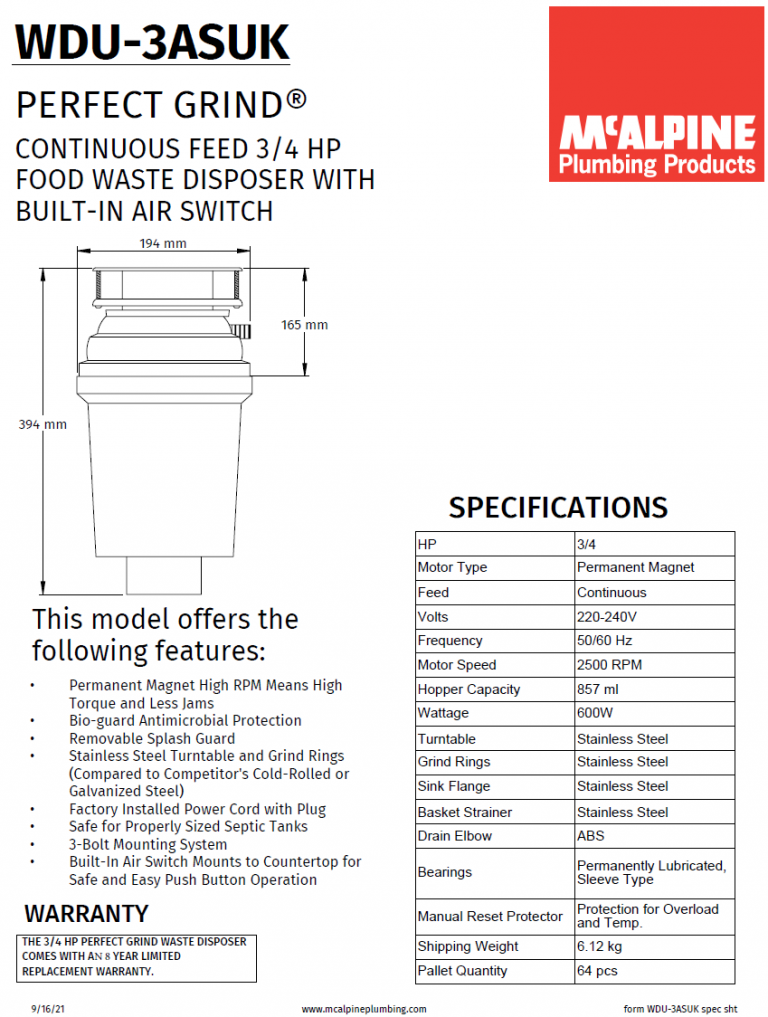 McAlpine Waste Disposal Unit Perfect Grind® – 3/4 HP - Stainless Hub